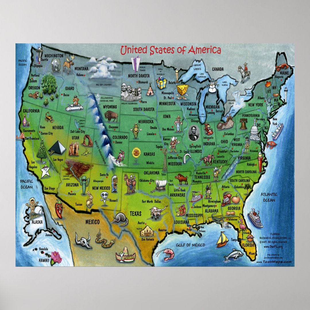 USA Cartoon Large Map Poster | Zazzle