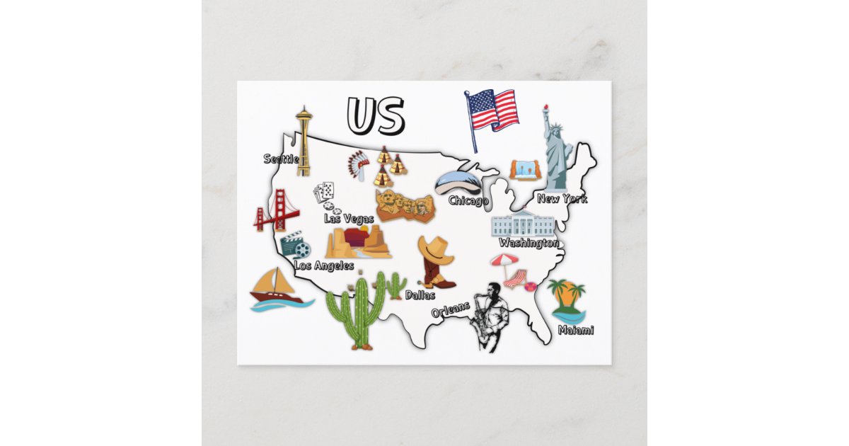USA map US map major cities names United states Postcard | Zazzle