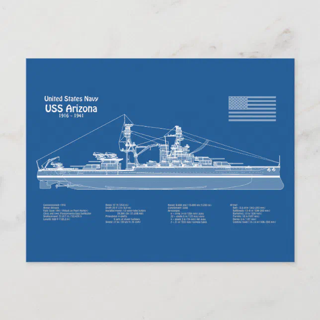 USS Arizona - Ship Blueprint Plans ABD Postcard | Zazzle