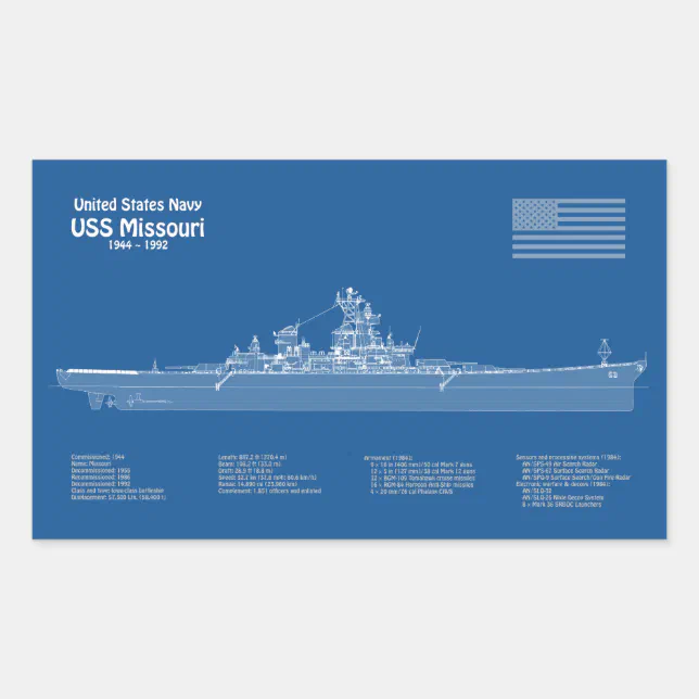 USS Missouri - Ship Blueprint Plans ABD Rectangular Sticker | Zazzle