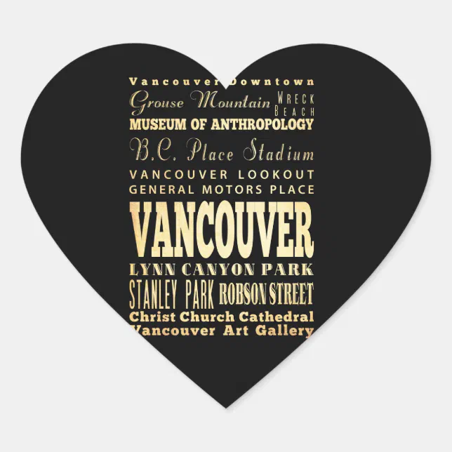 Vancouver City of Canada Typography Art Heart Sticker | Zazzle