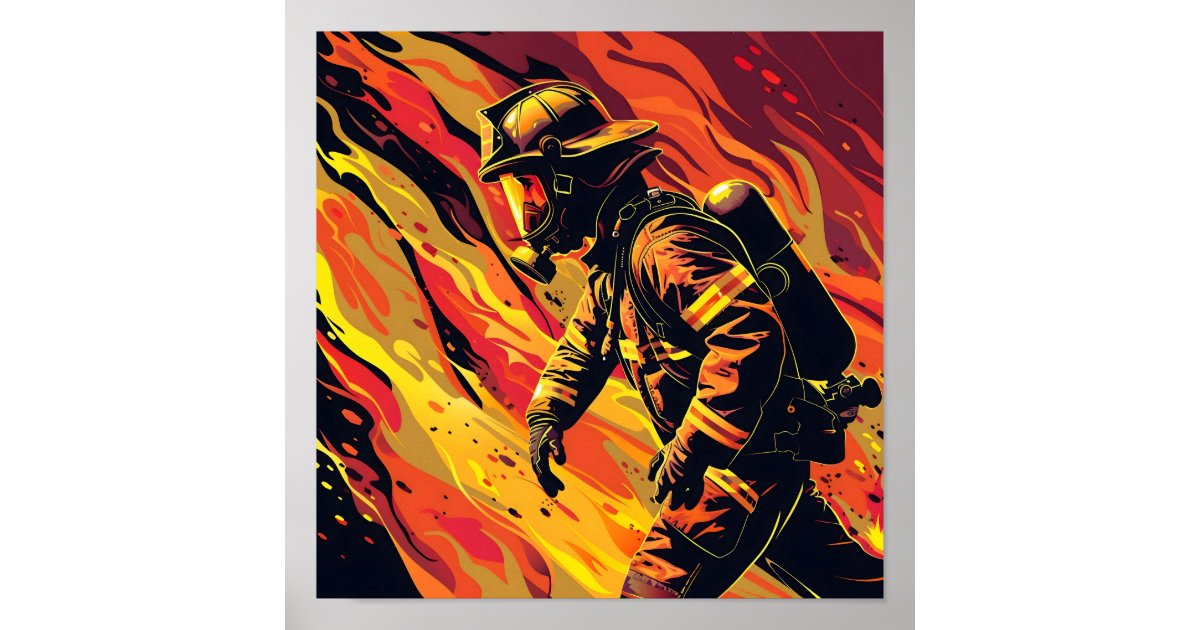 Vector Firefighter with Flames Background Poster | Zazzle