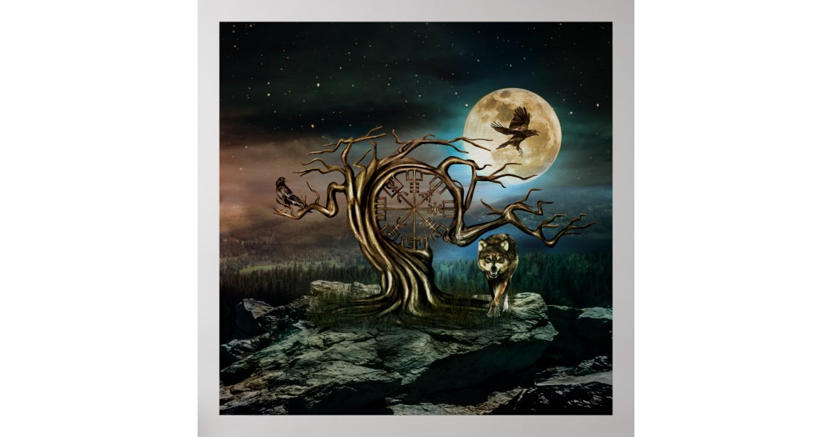 Vegvisir Tree Moon landscape Poster | Zazzle