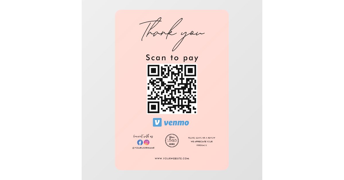 Venmo QR Code Logo Thank you Scan to Pay Window Cling | Zazzle