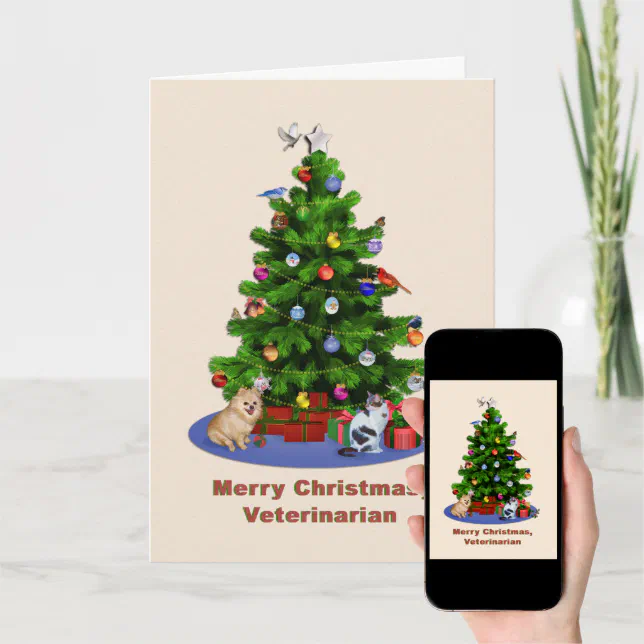 Veterinarian, Merry Christmas Tree, Birds, Pets Holiday Card | Zazzle