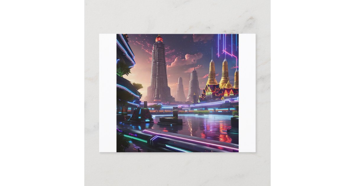 Vibrant Neon Lights of Cyberpunk Bangkok Postcard | Zazzle