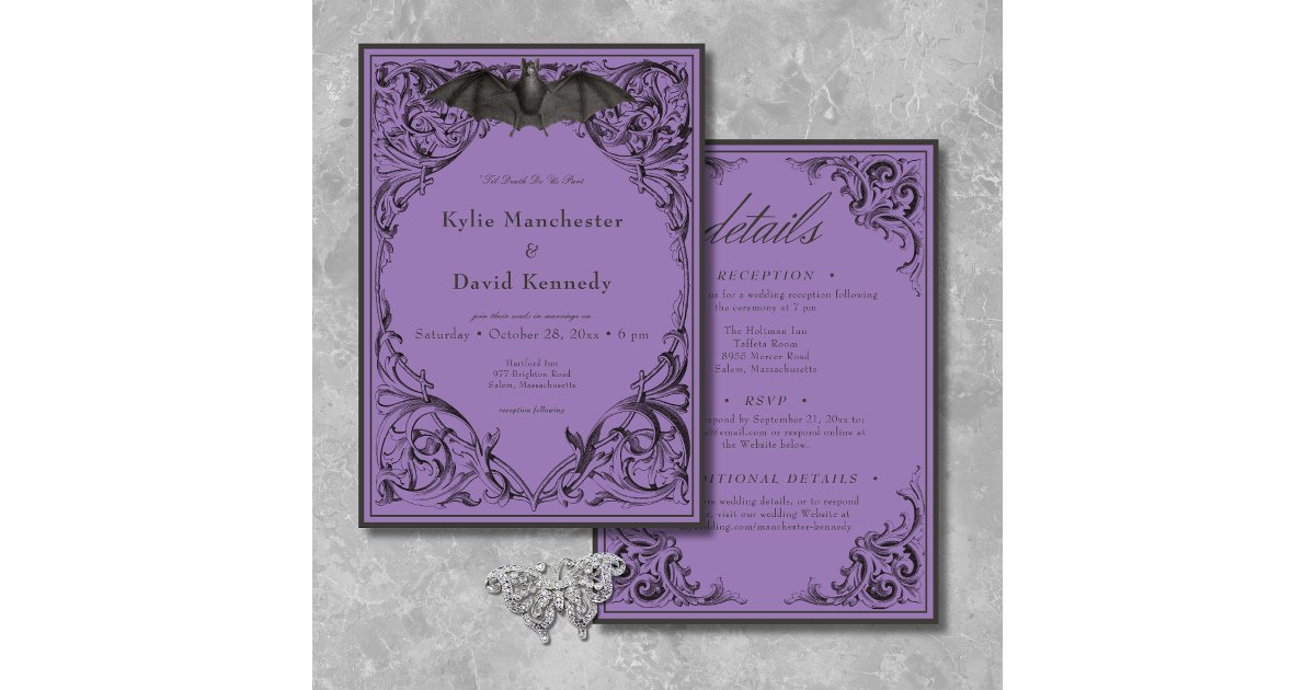 Victorian Bat Until Death Black & Purple Two Sided Invitation | Zazzle