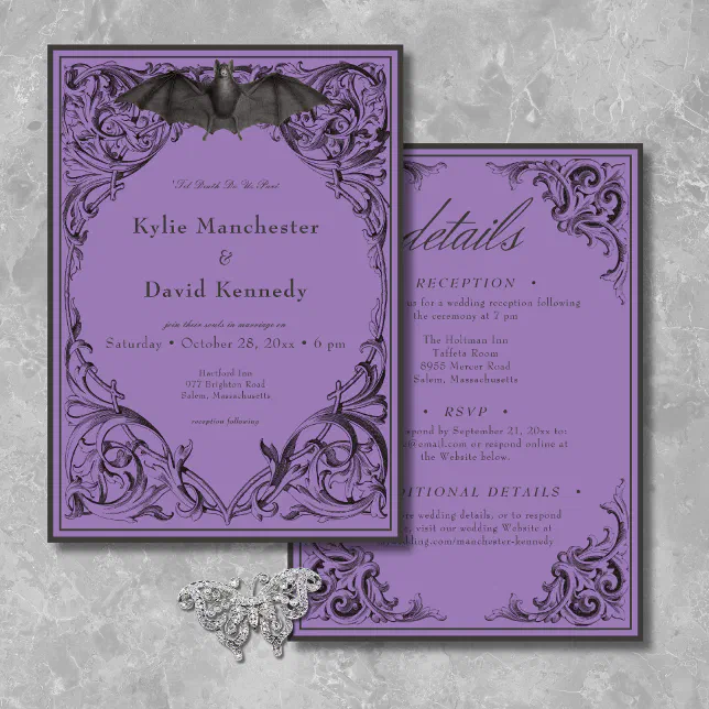 Victorian Bat Until Death Black & Purple Two Sided Invitation | Zazzle