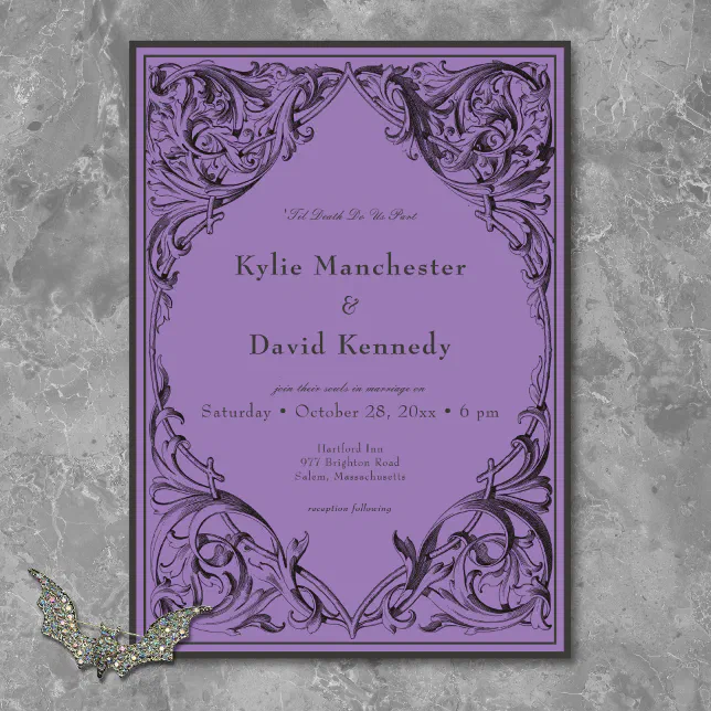 Victorian Bat Until Death Black & Purple Wedding Invitation | Zazzle