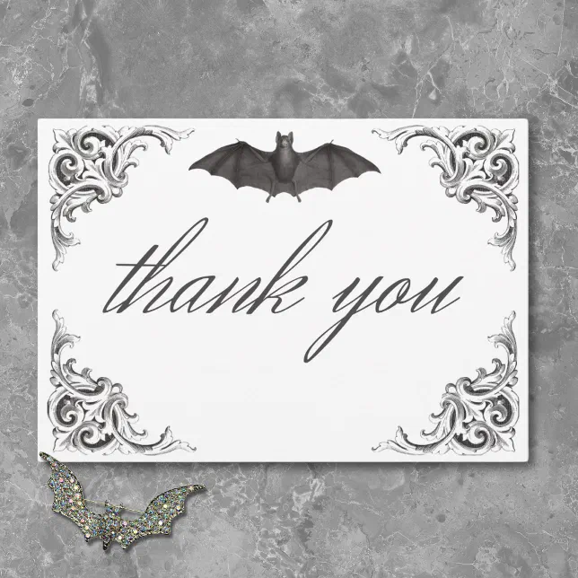 Victorian Bat Until Death Black White Wedding Thank You Card | Zazzle