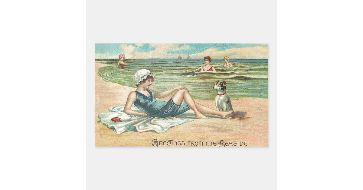 Victorian Beach Swim Girl Ocean Summer Vacation Rectangular Sticker | Zazzle