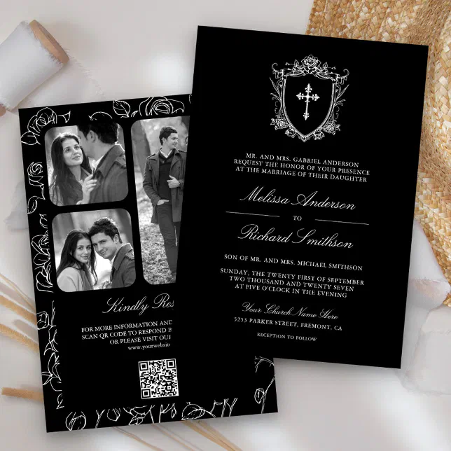 Victorian Black Catholic QR Code Wedding Invitation | Zazzle