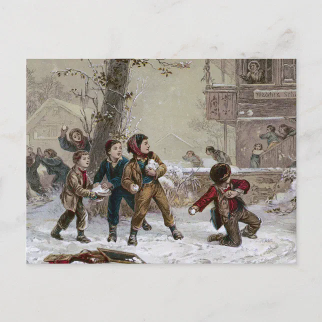 Victorian Christmas Snowball Fight Holiday Postcard | Zazzle