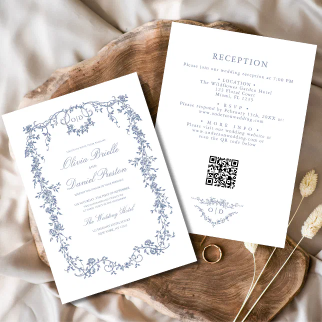 Victorian Dusty Blue QR Code Floral Wedding Invitation | Zazzle