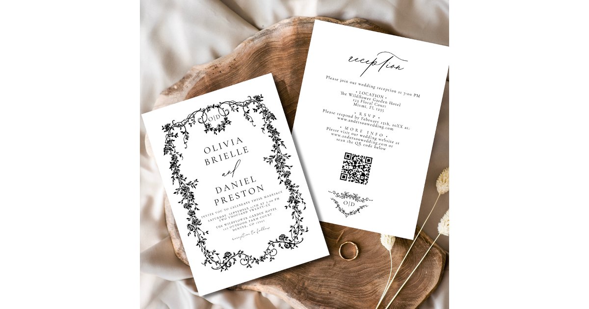 Victorian French Black QR Code All In One Wedding Invitation | Zazzle