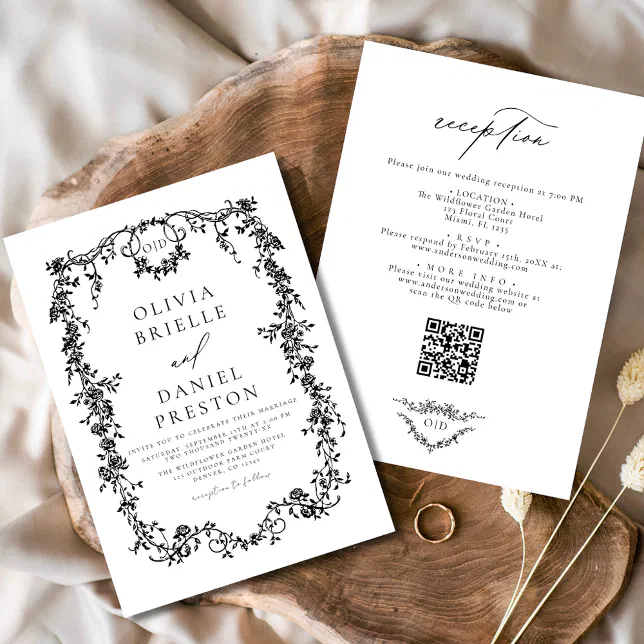 Victorian French Black QR Code All In One Wedding Invitation | Zazzle