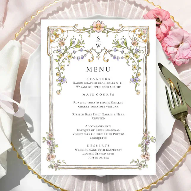 Victorian Ornate Grace Bohemian Wedding Dinner Menu | Zazzle