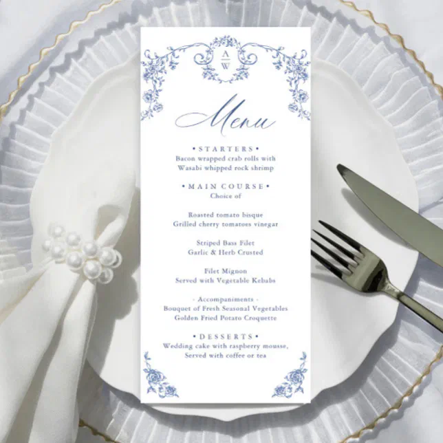 Victorian Ornate Grace Floral Dusty Blue Wedding Menu | Zazzle