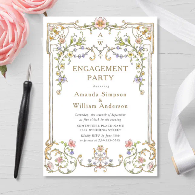 Victorian Ornate Grace Floral ENGAGEMENT PARTY Invitation | Zazzle
