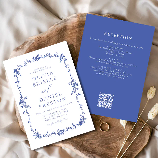 Victorian Vintage QR Code Blue Floral Wedding Invitation | Zazzle