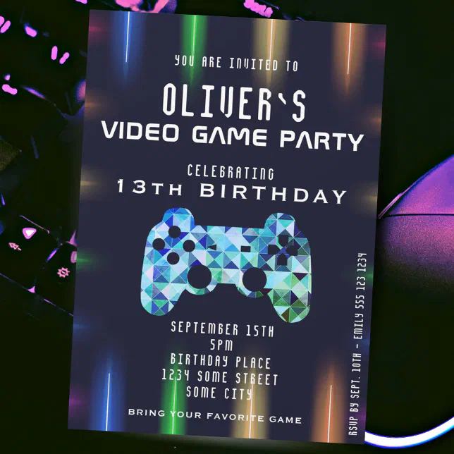 Video Game Party Controller Neon Gaming Birthday Invitation | Zazzle