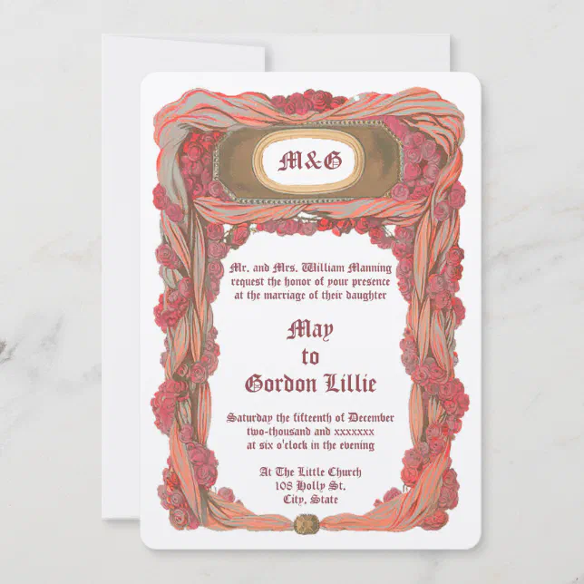 Vintage 1900 Roses & Drapery Floral Border Wedding Invitation | Zazzle