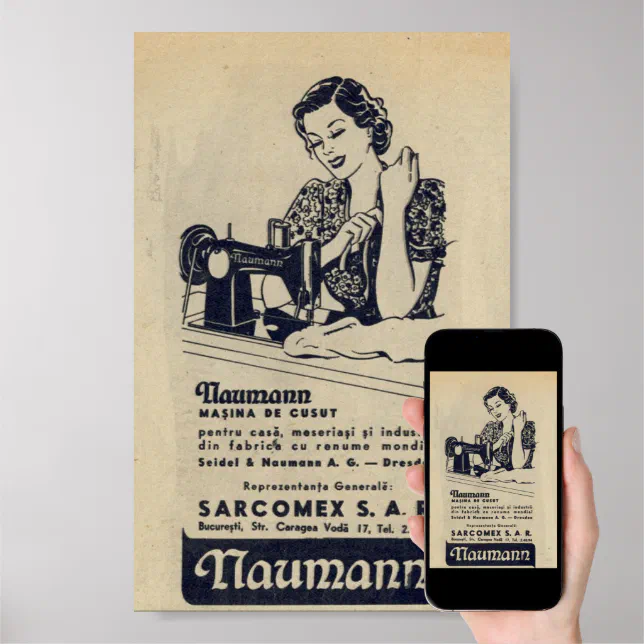 Vintage 1940 Sewing machine ad, romanian,NAUMANN Poster | Zazzle