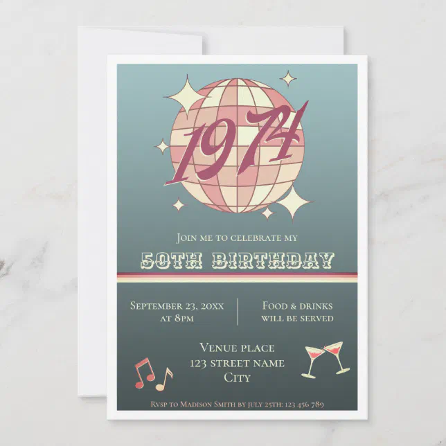Vintage 1974 50th birthday retro dark blue invitation | Zazzle