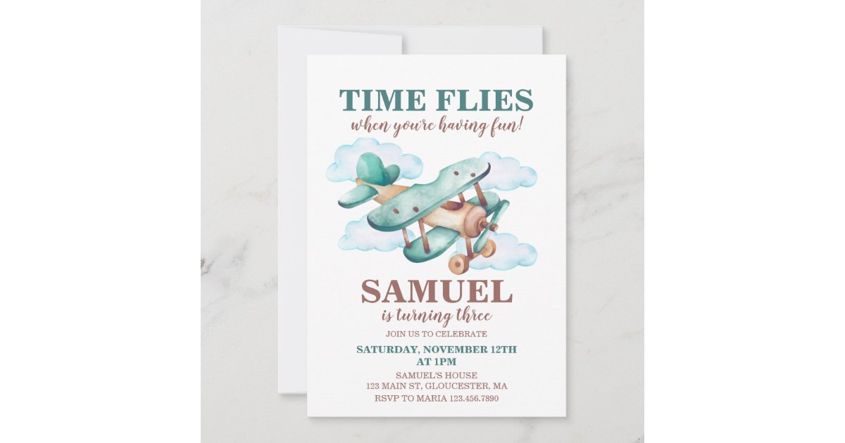 Vintage Aeroplane Birthday Party Time Flies Invitation | Zazzle
