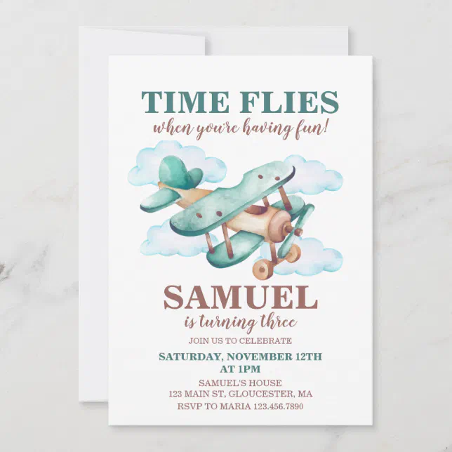 Vintage Aeroplane Birthday Party Time Flies Invitation | Zazzle
