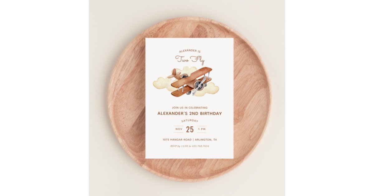 Vintage Aircraft Biplane Two Fly Birthday Invitation | Zazzle
