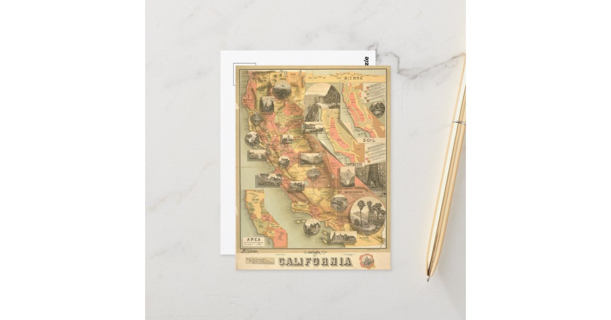 Vintage, Antique Map Of California, Retro Postcard | Zazzle