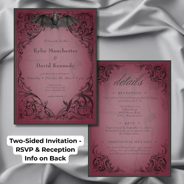 Vintage Bat Until Death Burgundy Wedding Two Sided Invitation | Zazzle