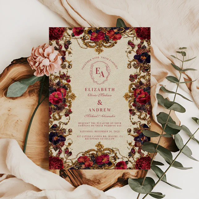 Vintage Berry & Rose Frame Wedding Invitation | Zazzle