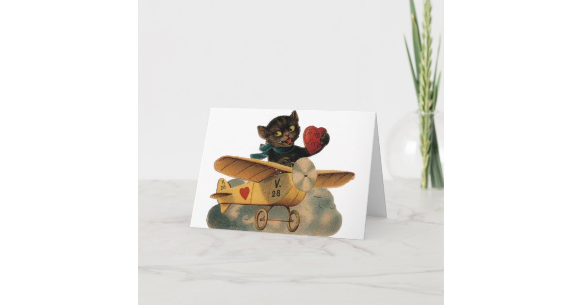 Vintage Black Cat Pilot Valentine's Day Card | Zazzle