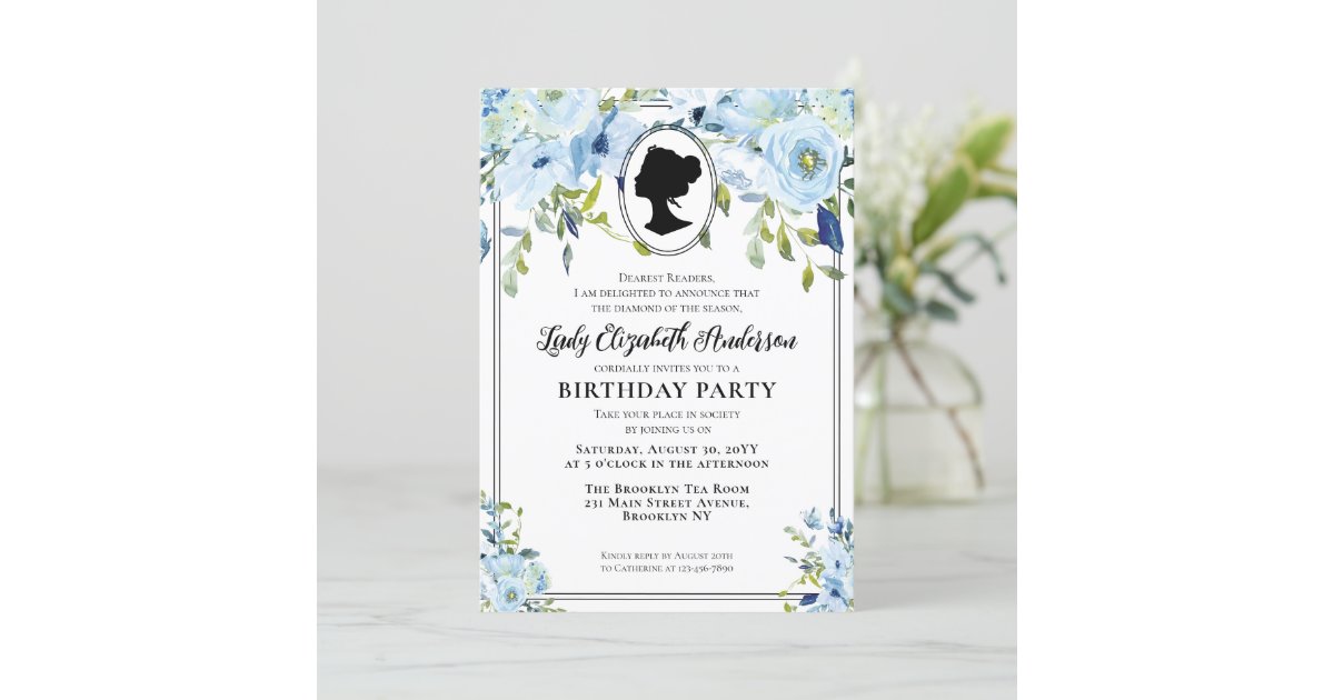 Vintage Blue Florals Regency Society Birthday Invitation | Zazzle