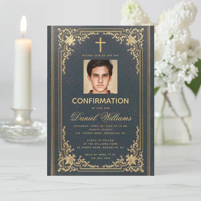 Vintage Blue Gold Photo Elegant Boy Confirmation Invitation | Zazzle