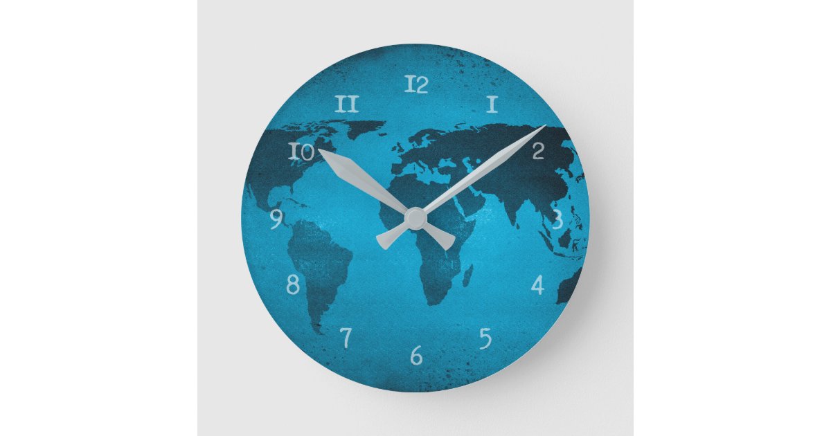 Vintage blue world map round clock | Zazzle