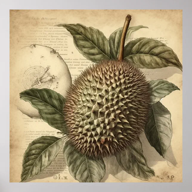 vintage botanical illustration of a durian fruit poster | Zazzle