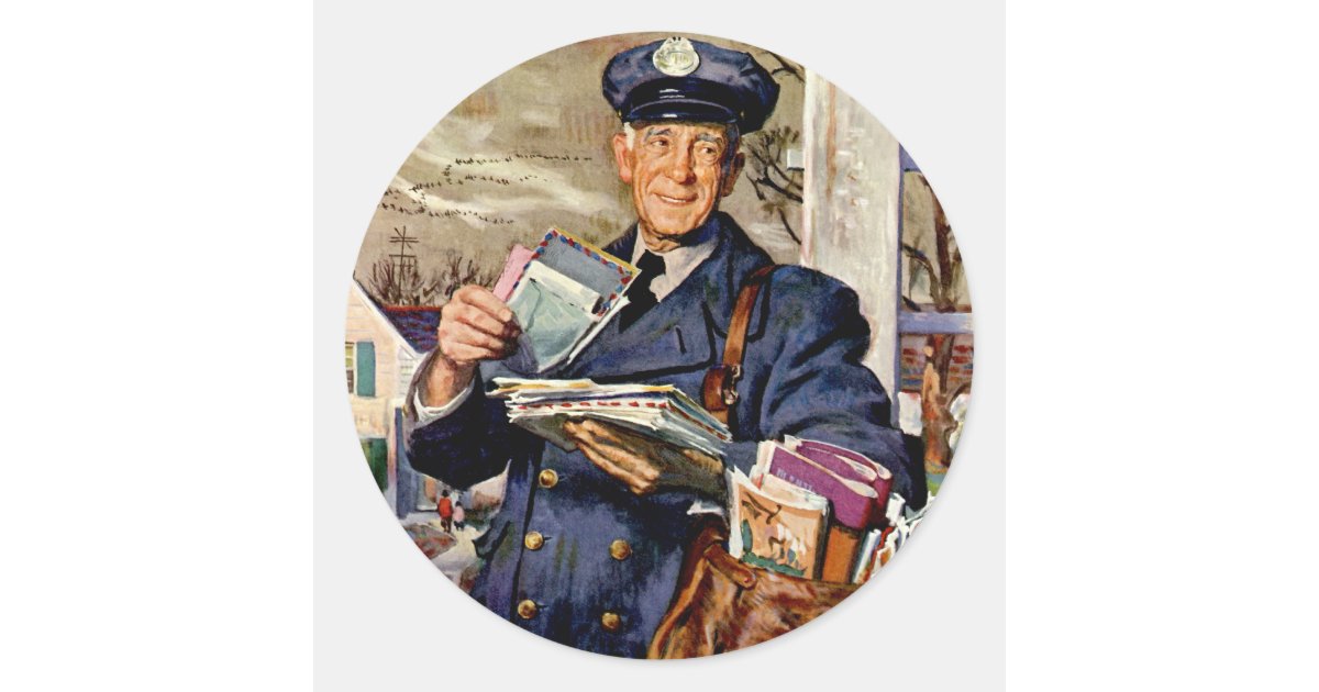 Vintage Business, Mailman Delivering Mail Letters Classic Round Sticker ...