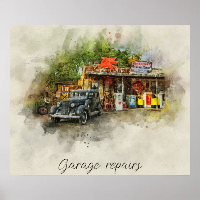 vintage car outside the old garage poster | Zazzle