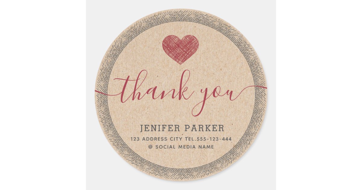 Vintage cardboard thank you script red heart classic round sticker | Zazzle