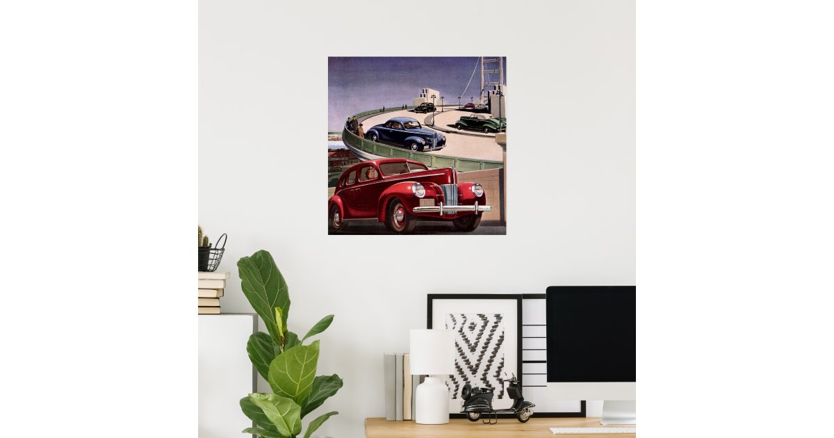 Vintage Cars, Classic Sedans Road Trip on Freeway Poster | Zazzle