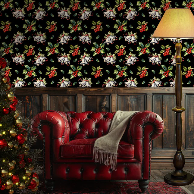 Vintage Christmas Holiday Silver Bells and Holly Wallpaper | Zazzle