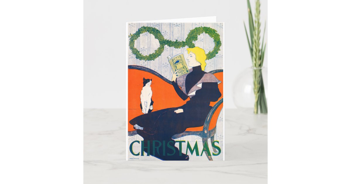 Vintage Christmas Lady and her Cat Holiday Card | Zazzle