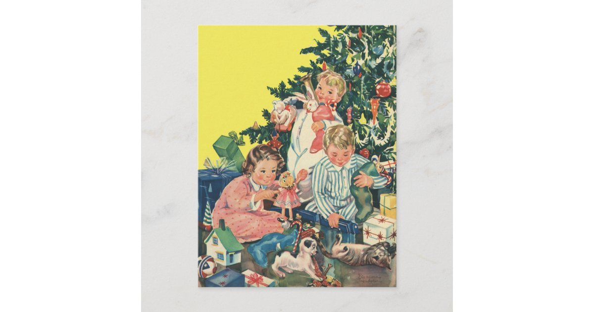 Vintage Christmas Morning, Children Opening Gifts Holiday Postcard | Zazzle