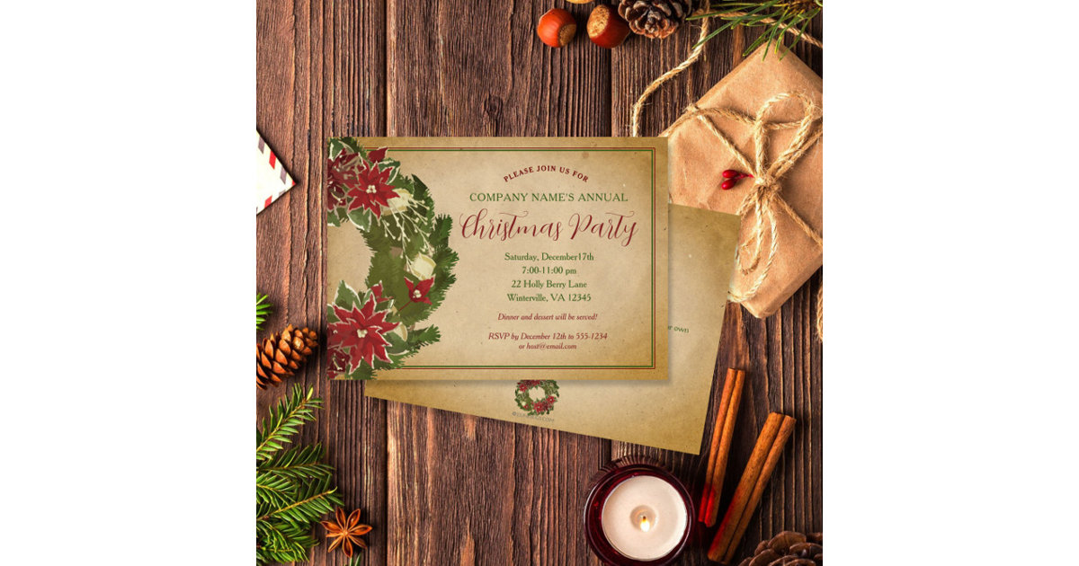 Vintage Christmas Wreath on Parchment Party Invitation | Zazzle