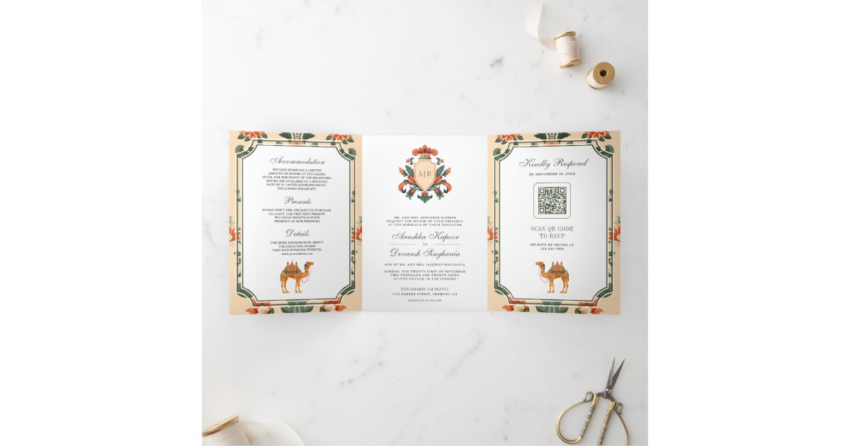 Vintage Crest Royal Camel Indian Hindu Wedding Tri-Fold Invitation | Zazzle