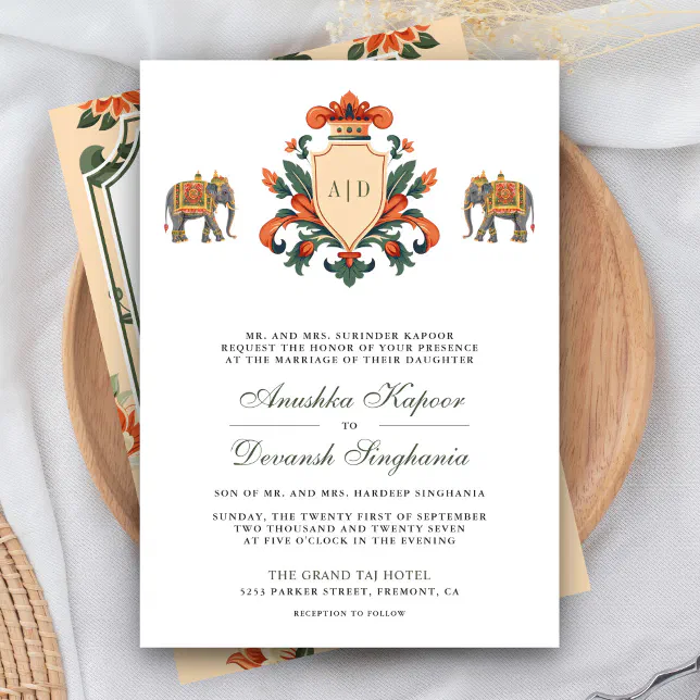 Vintage Crest Royal Elephant Indian Hindu Wedding Invitation | Zazzle