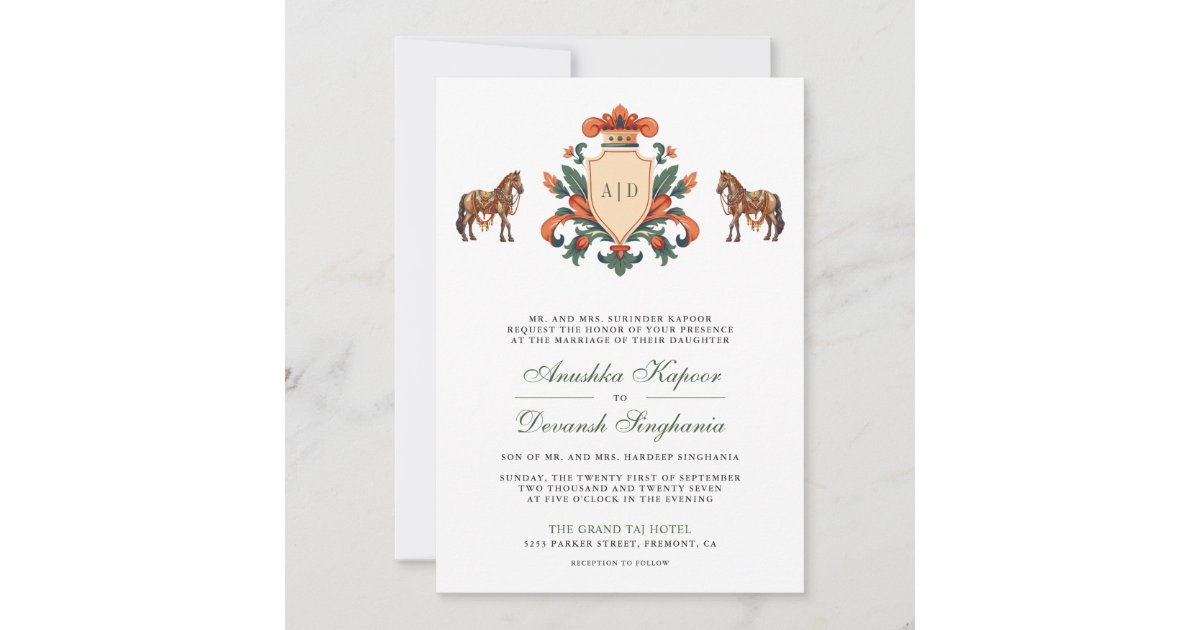 Vintage Crest Royal Horse Indian Hindu Wedding Invitation | Zazzle